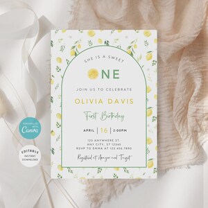 Editable Lemon First Birthday Invite, Citrus Birthday Invitation ...
