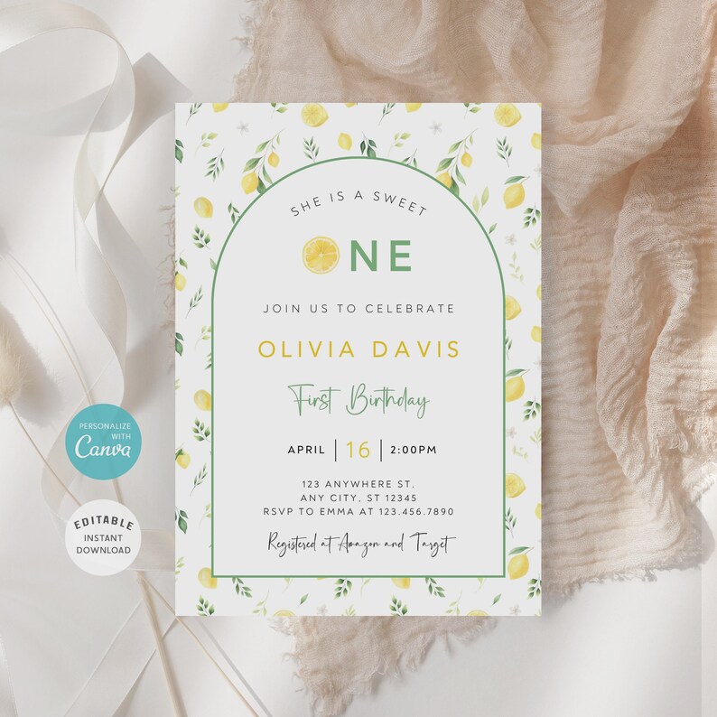 Editable Lemon First Birthday Invite, Citrus Birthday Invitation ...