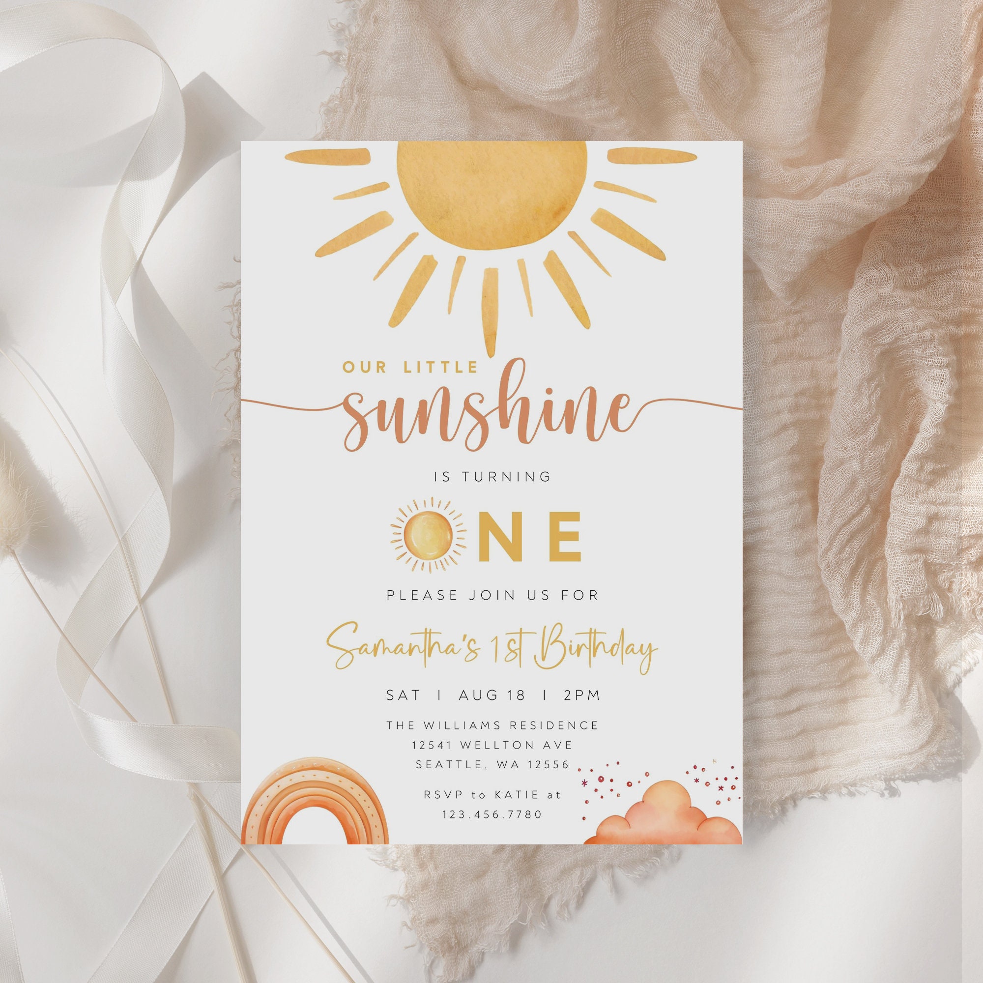 Editable Sunshine Firsrt Birthday Invitation, A Little Ray of Sunshine ...
