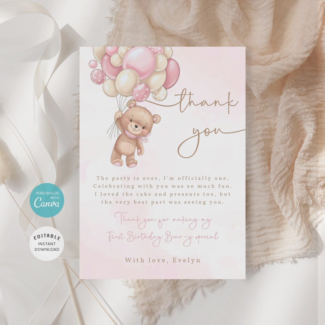 Teddy Bear Baby Shower Thank You Card, Pink Thank You Note, Editable ...