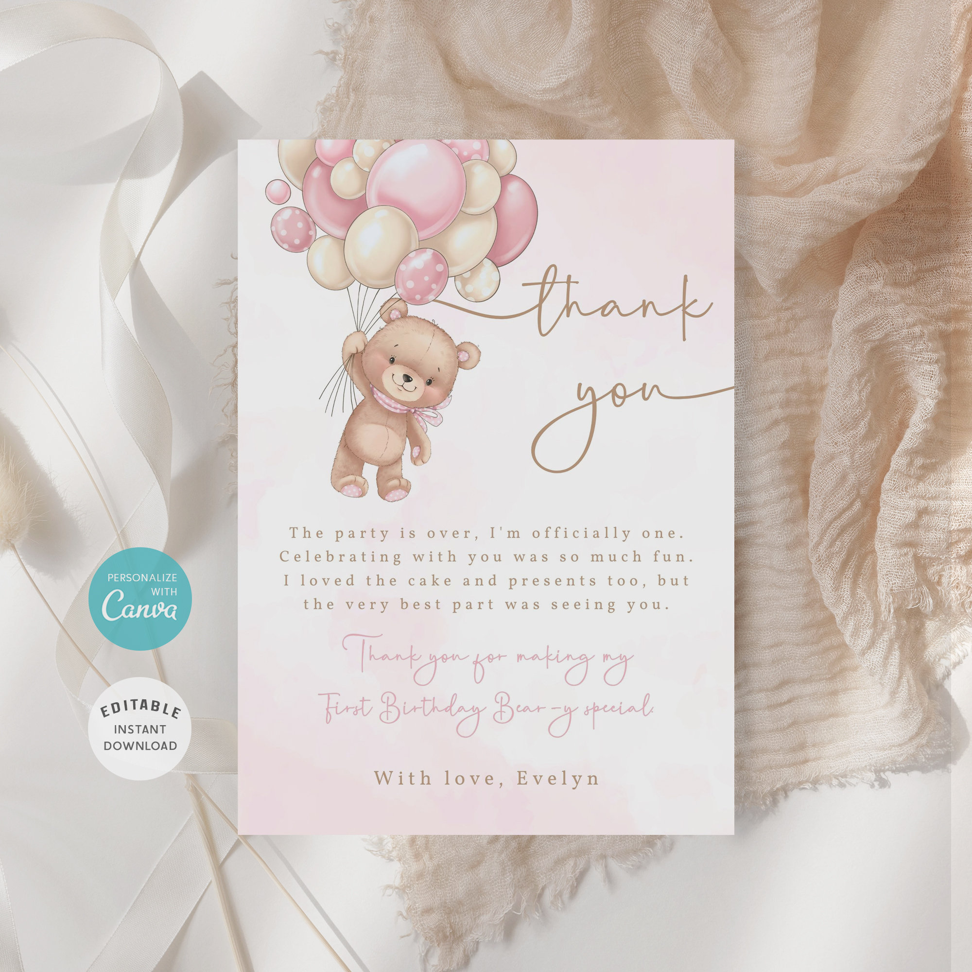 Teddy Bear Baby Shower Thank You Card, Pink Thank You Note, Editable ...