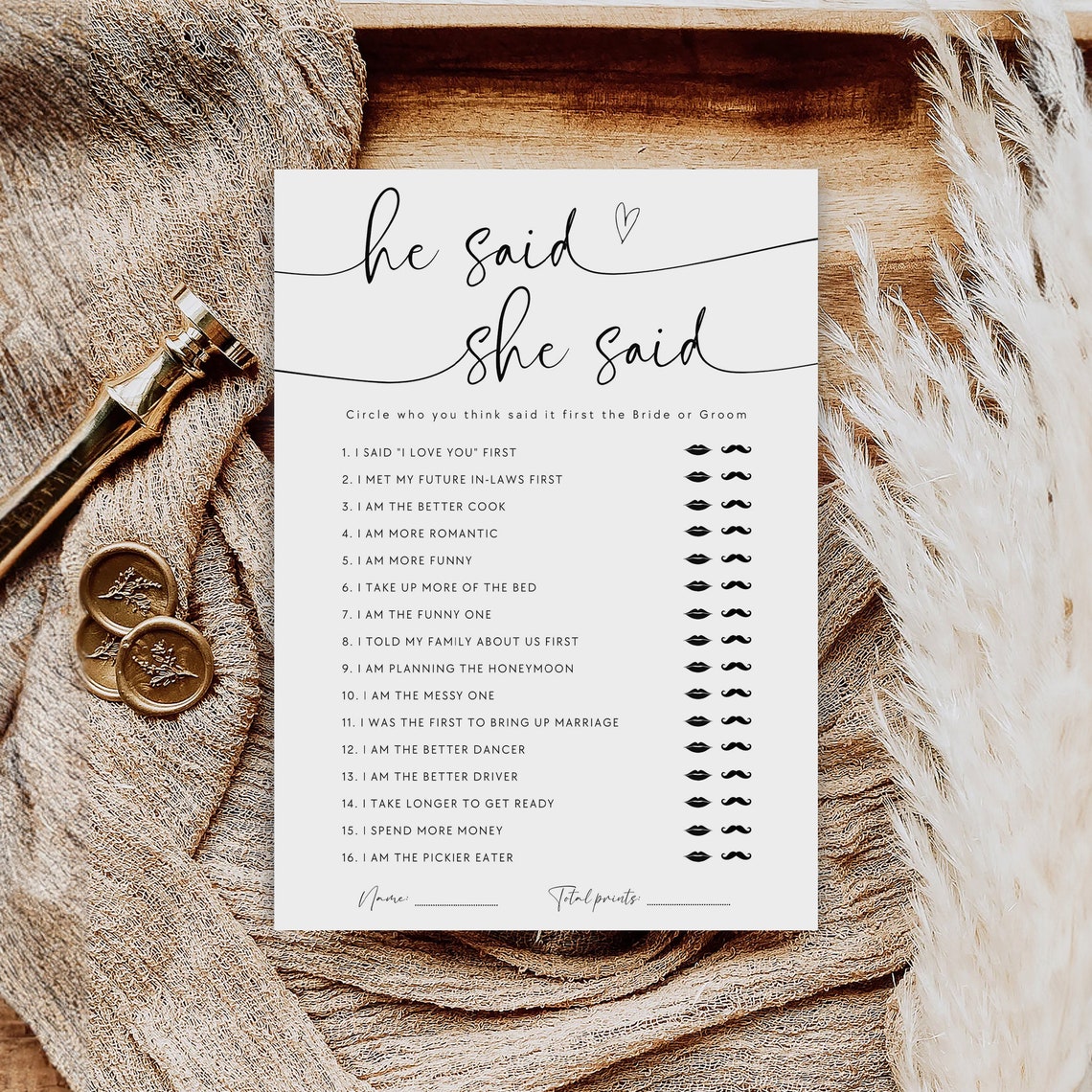 He Said She Said Game Card, Bridal Shower Game, Printable He Said She ...