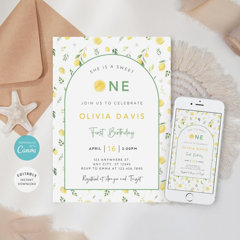 Editable Lemon First Birthday Invitation, Citrus Summer Theme (digital ...