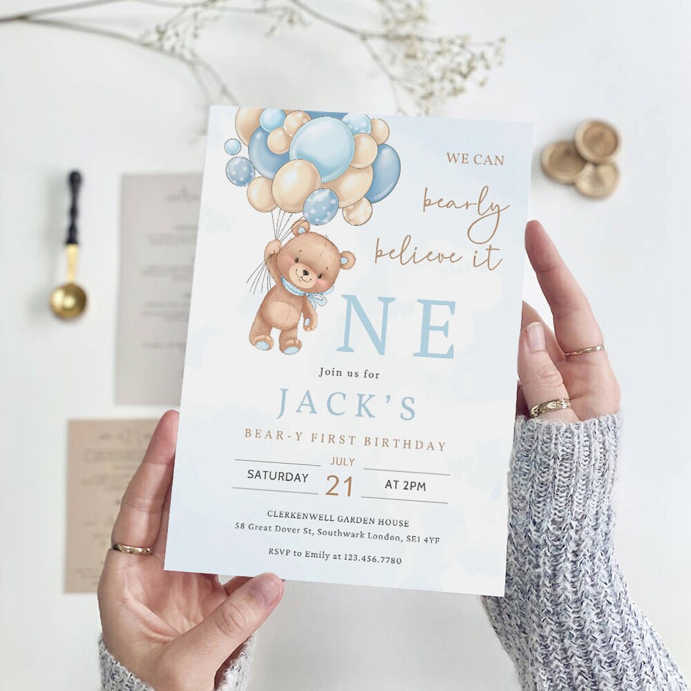 Editable Bear 1st Birthday Invitation, Bear-y First Birthday, Teddy ...