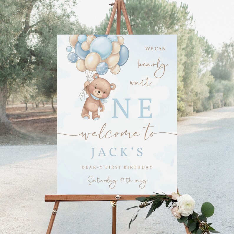 Teddy Bear 1st Birthday Welcome Sign, Editable Poster (digital Download ...
