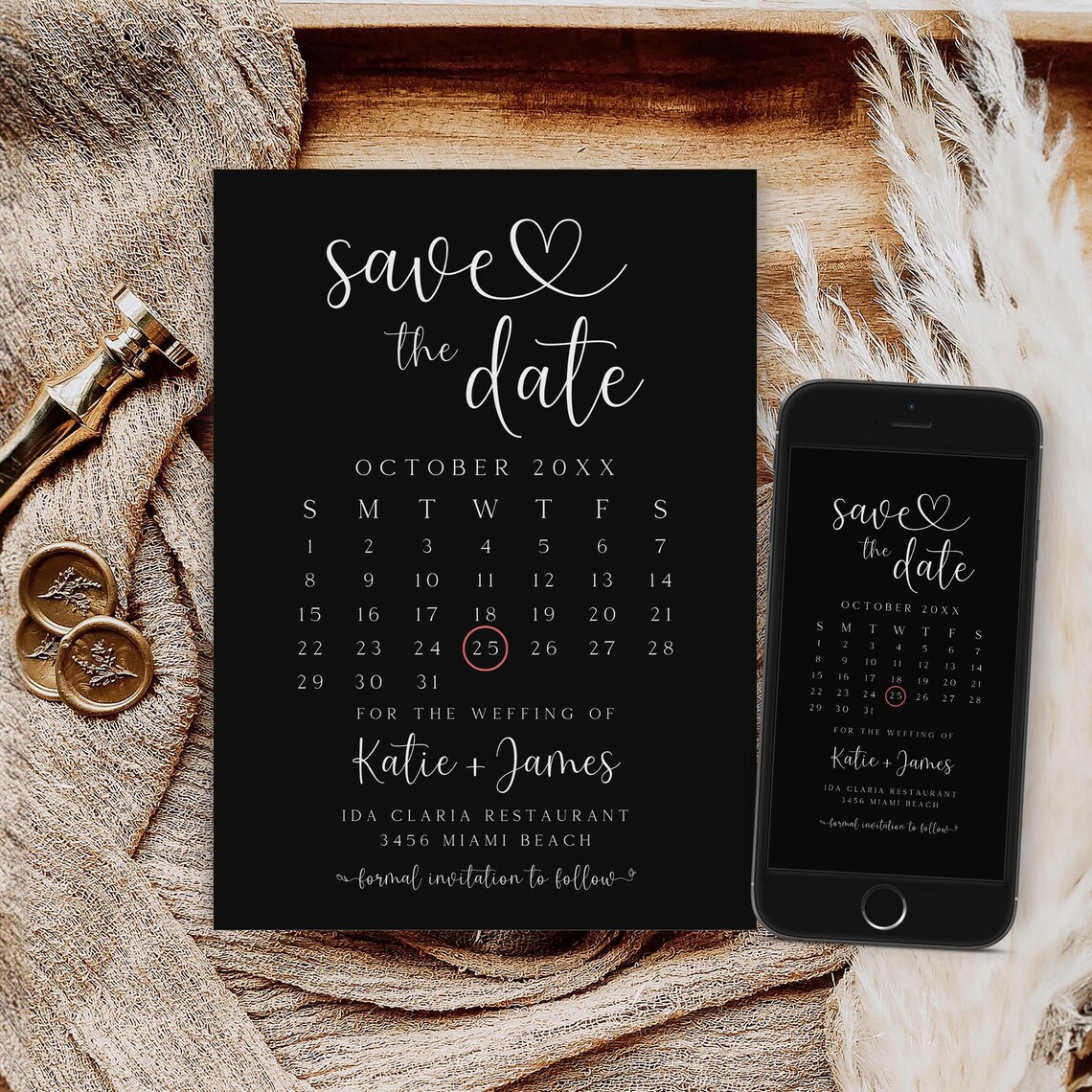Modern Calendar Save the Date Template, Black Save the Date Digital ...