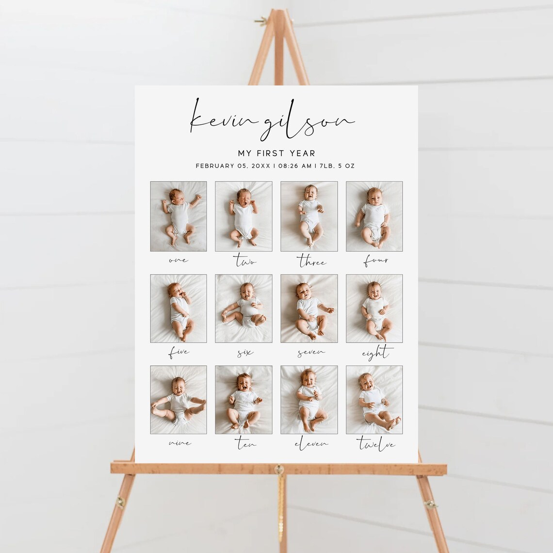 Minimalist First Birthday Photo Collage Poster, Baby Milestone Board ...