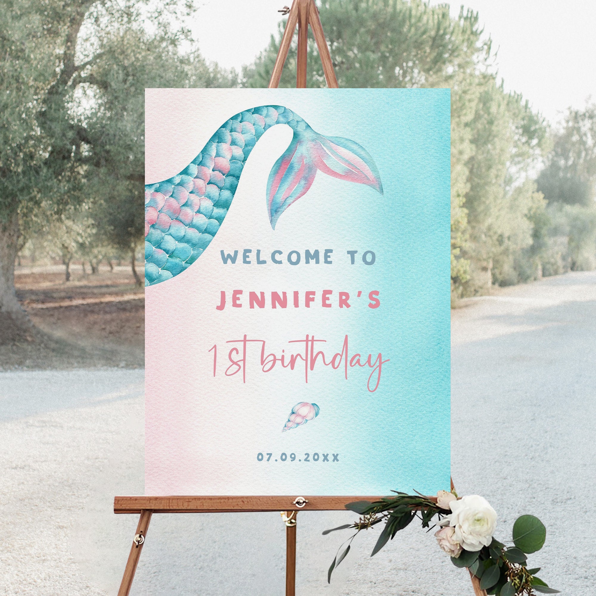 Editable Mermaid Birthday Welcome Sign, Under the Sea Party Sign, 1st ...