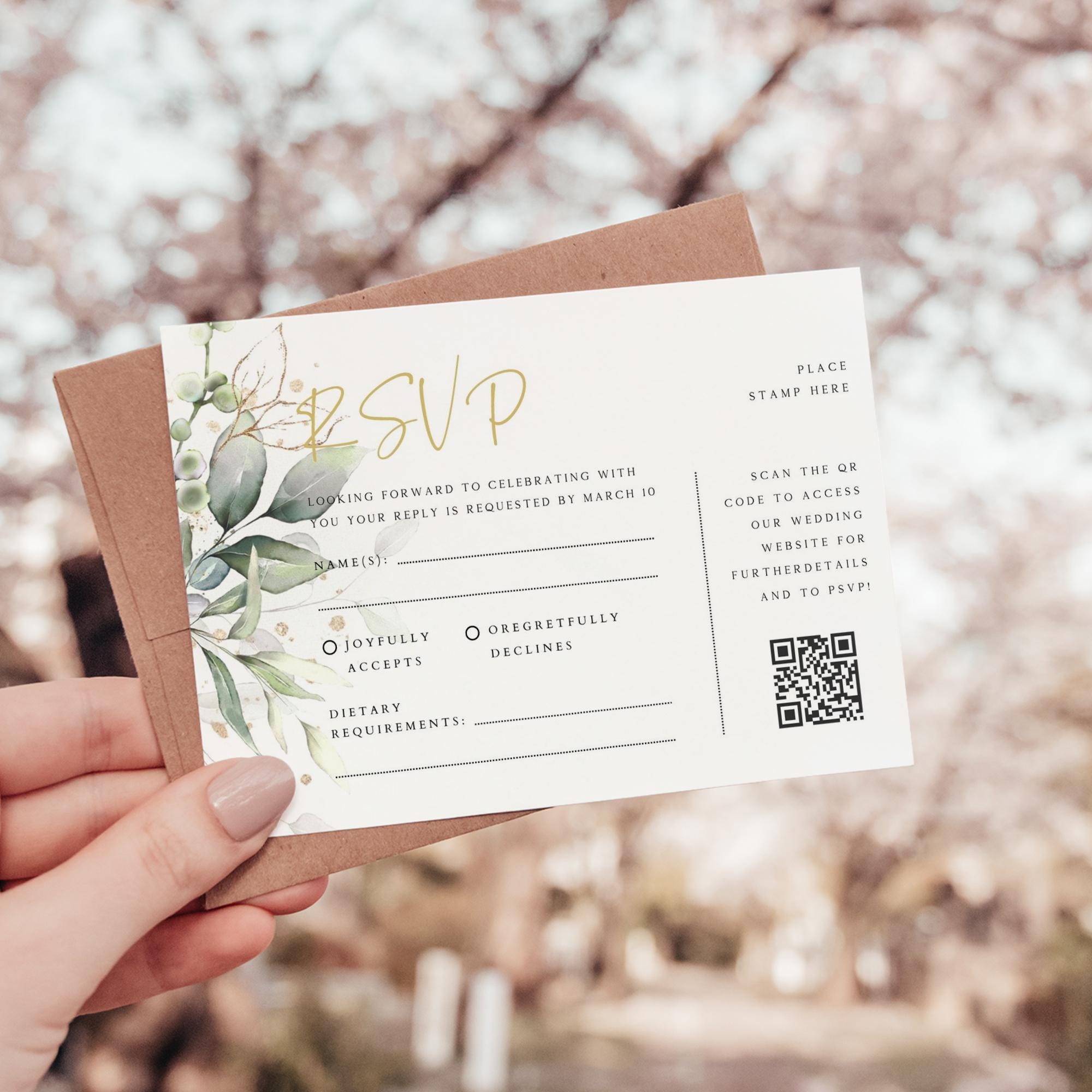 Editable Greenery Wedding Rsvp Card, QR Code Wedding Response Card Template, Green and Gold ...