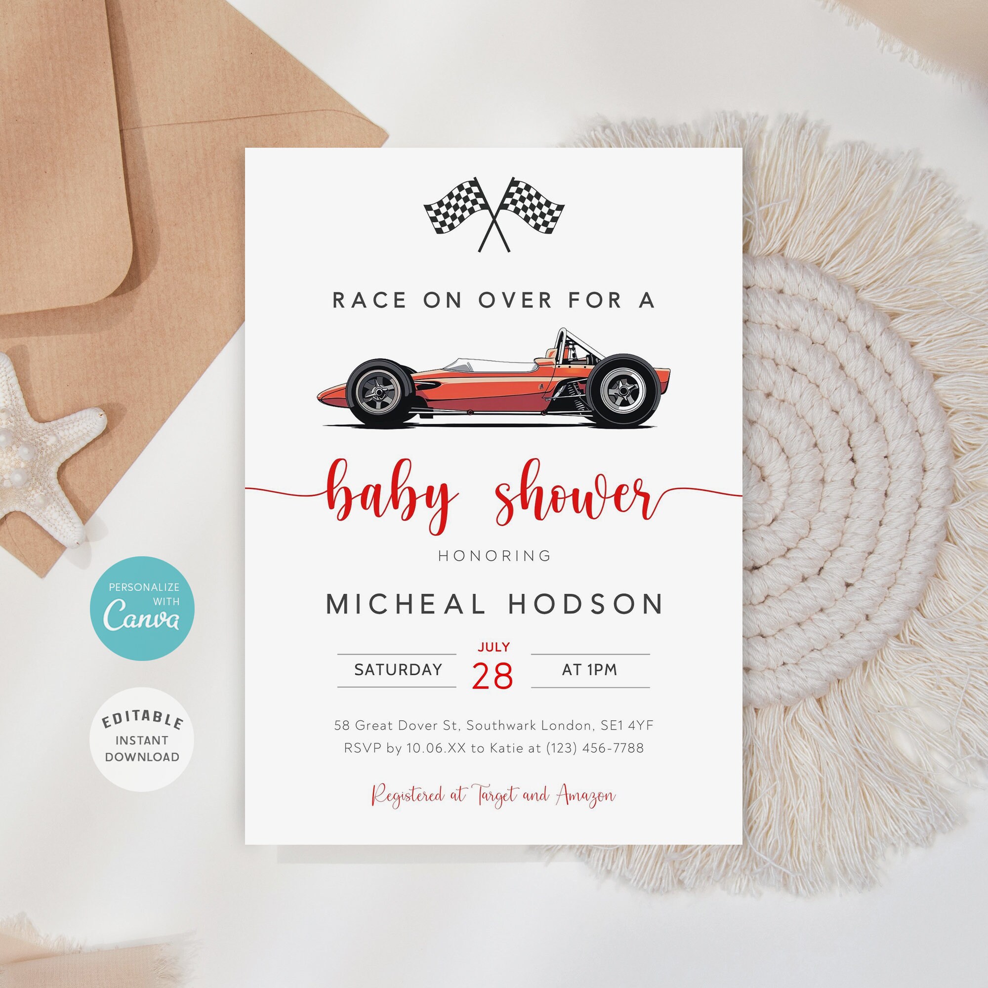 Editable Race Car Baby Shower Invitation, Red Race Car Invite, Racing ...
