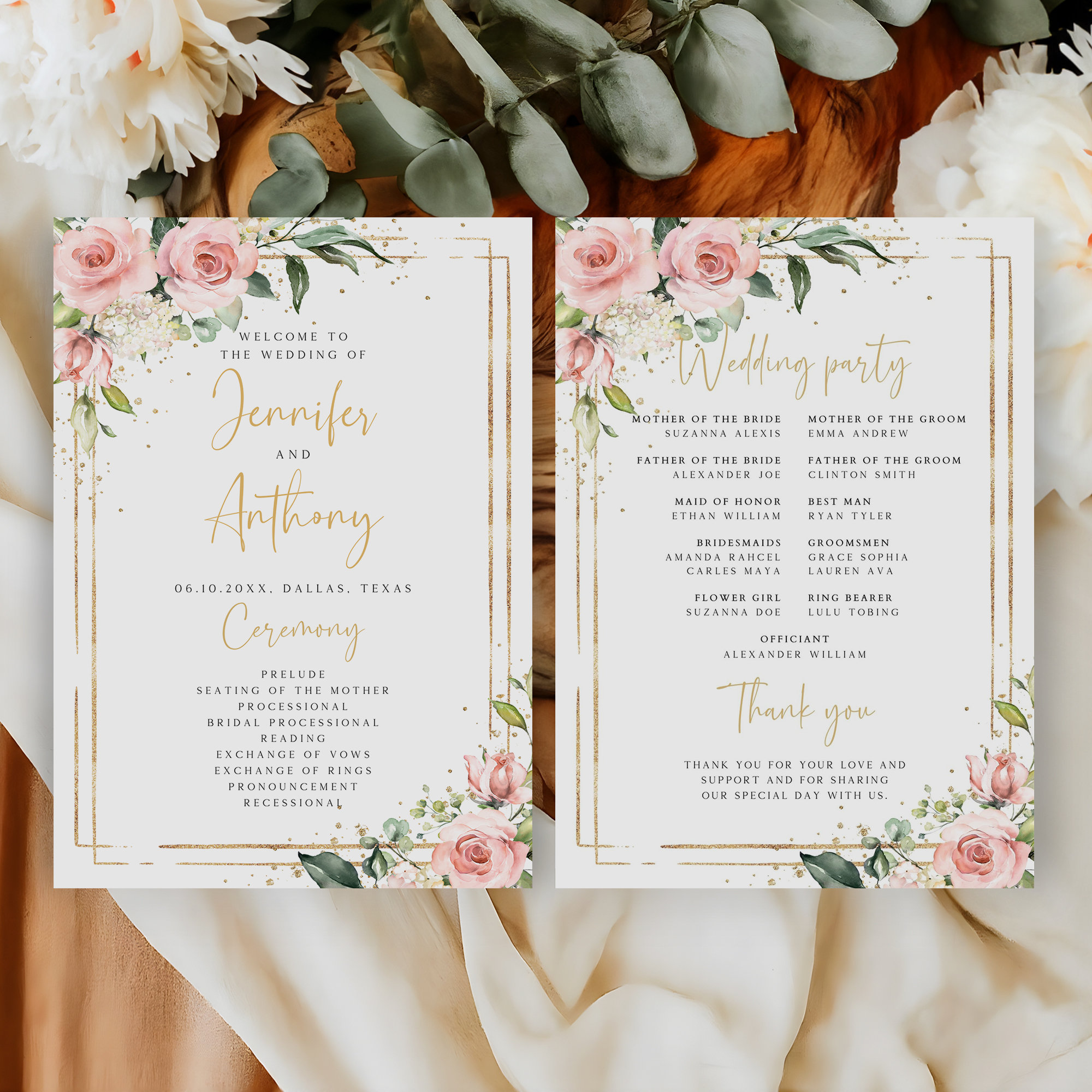 Pink Rose Wedding Program Template, Order of Service, Pink Flowers Wedding Program, Wedding ...