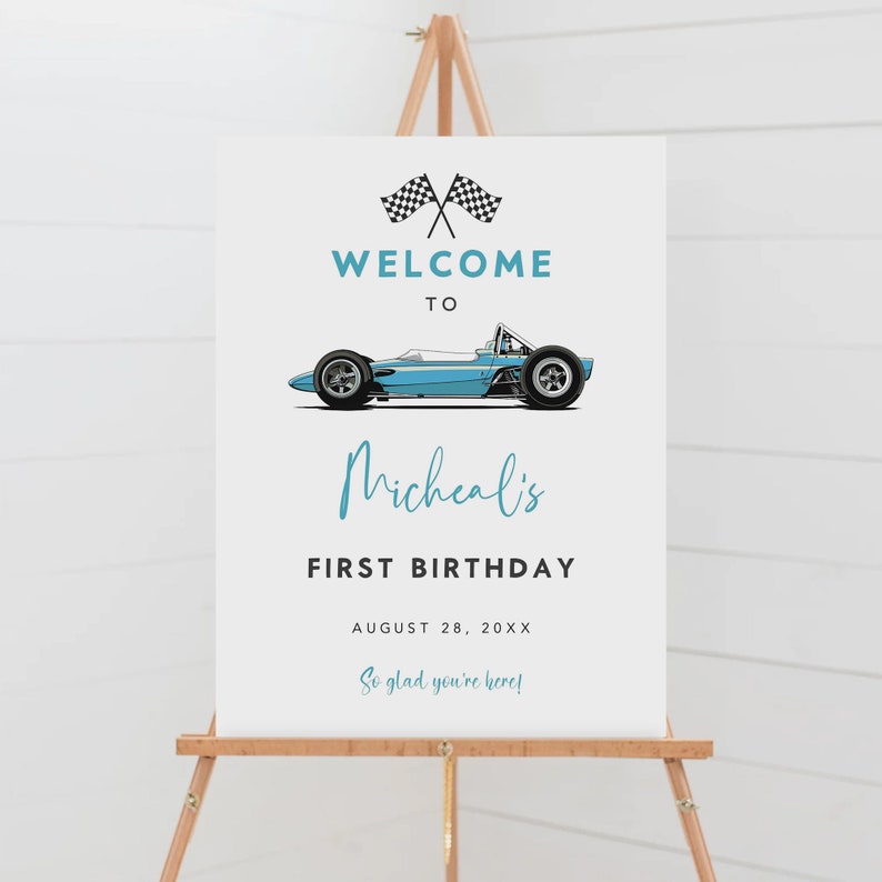 Race Car Birthday Welcome Sign, Blue Racing Car Welcome Sign, Editable ...