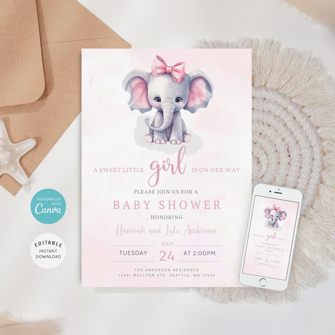 EDITABLE Pink Elephant Baby Shower Invitation, Girl Baby Elephant Invite, Printable Template ...