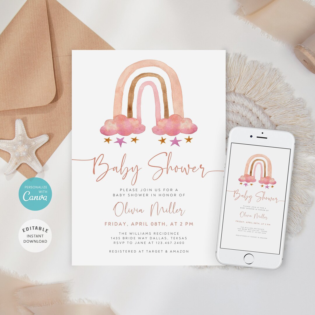 Editable Boho Rainbow Baby Shower Invitation, Pink Rainbow Baby Shower ...