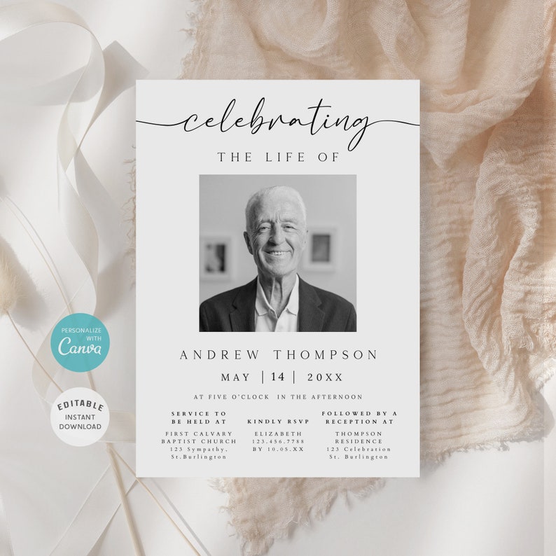 Funeral Photo Invitation, Memorial Service Invite, Funeral Announcement ...