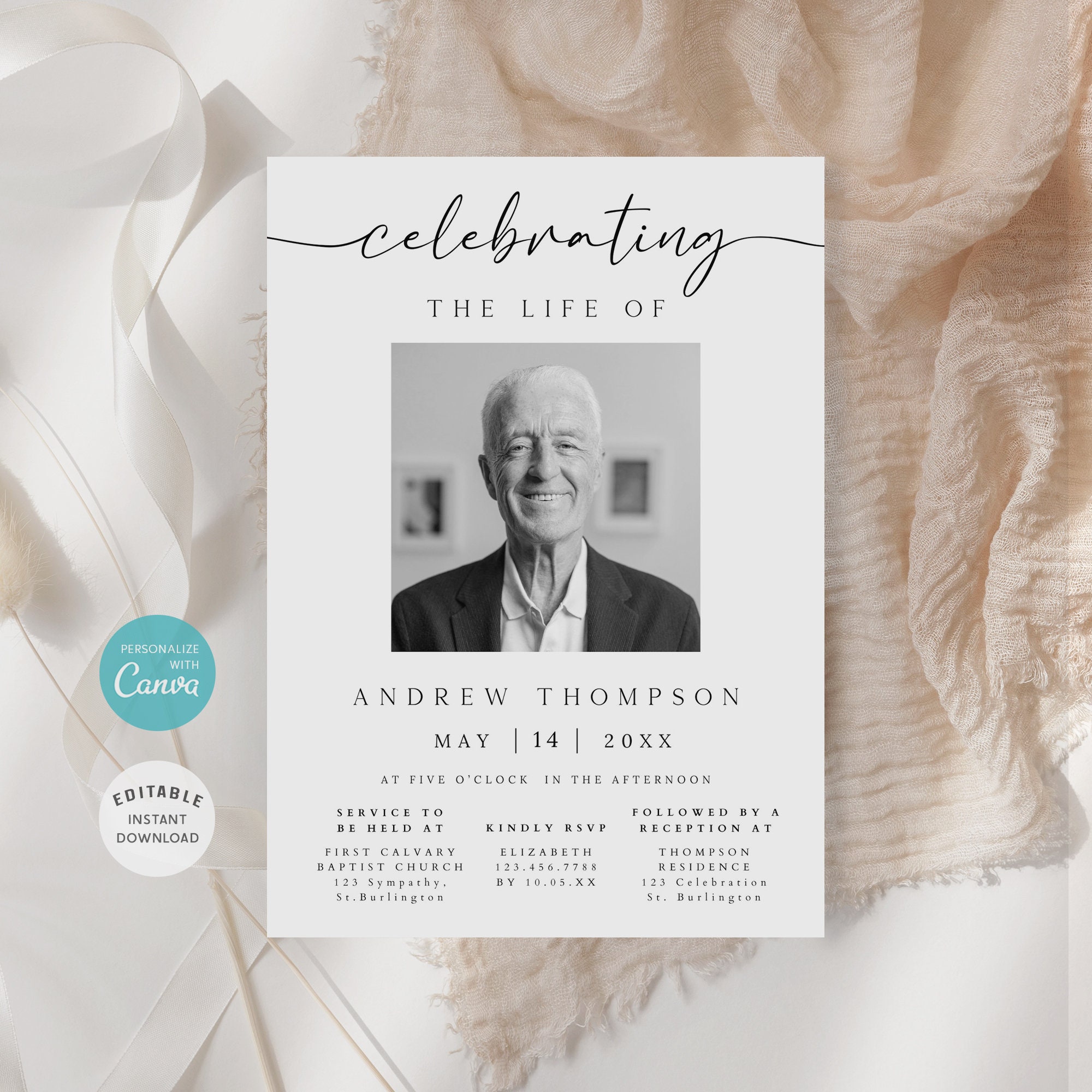 Funeral Photo Invitation Template, Memorial Service Invite (editable ...