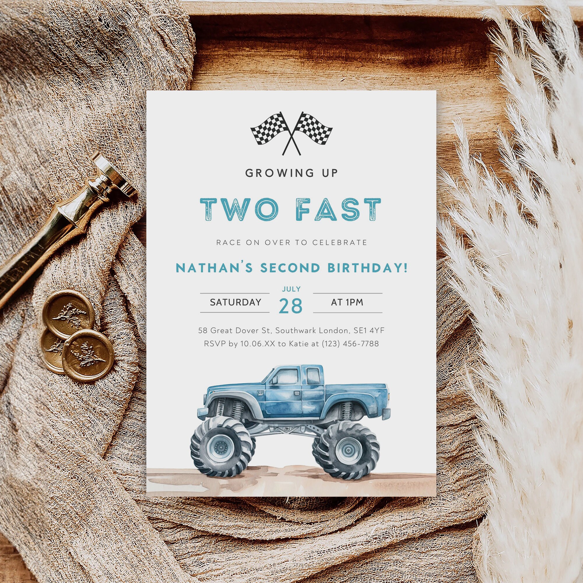Two Fast Monster Truck Birthday Invitation, Blue Monster Truck B'day ...