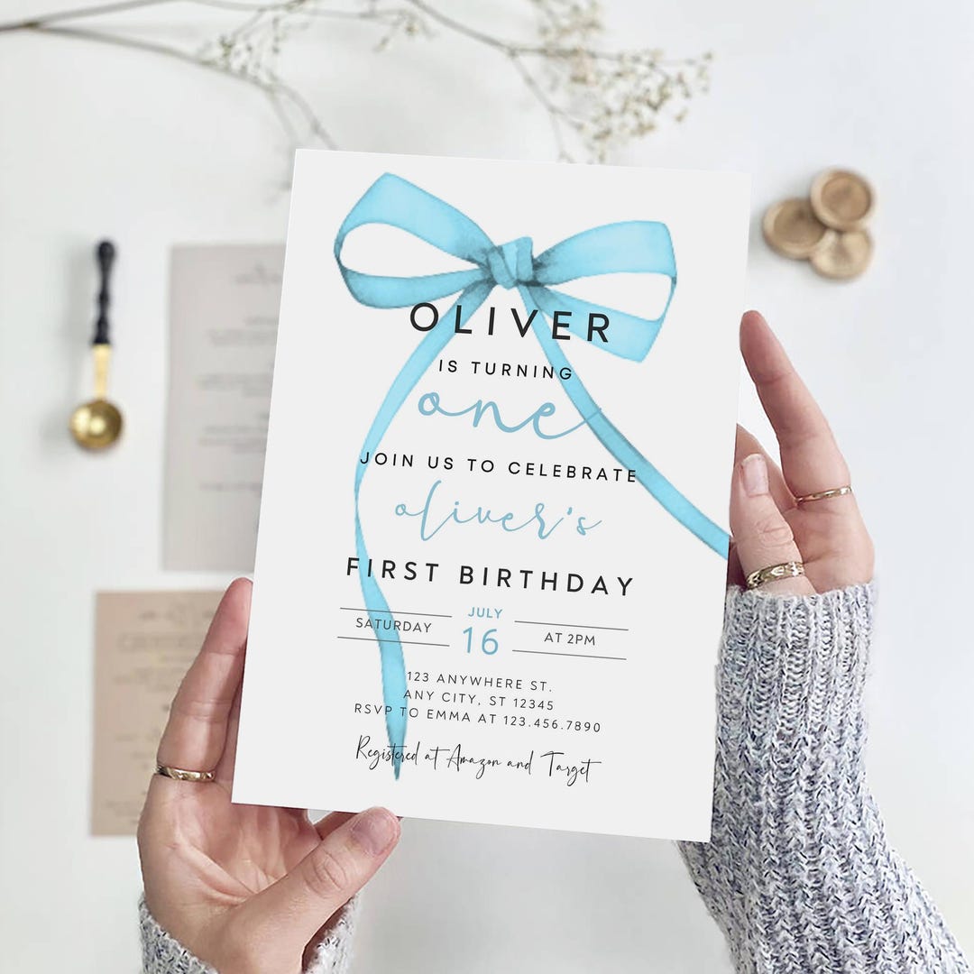 Blue Bow Birthday Invitation Template, Ribbon Bow Birthday Invite ...