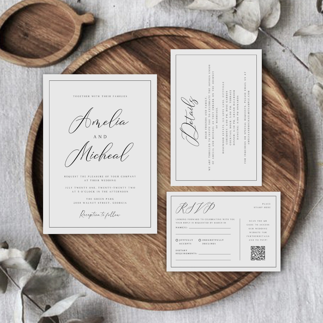 Minimalist Wedding Invitation Template Set With QR Code (digital ...