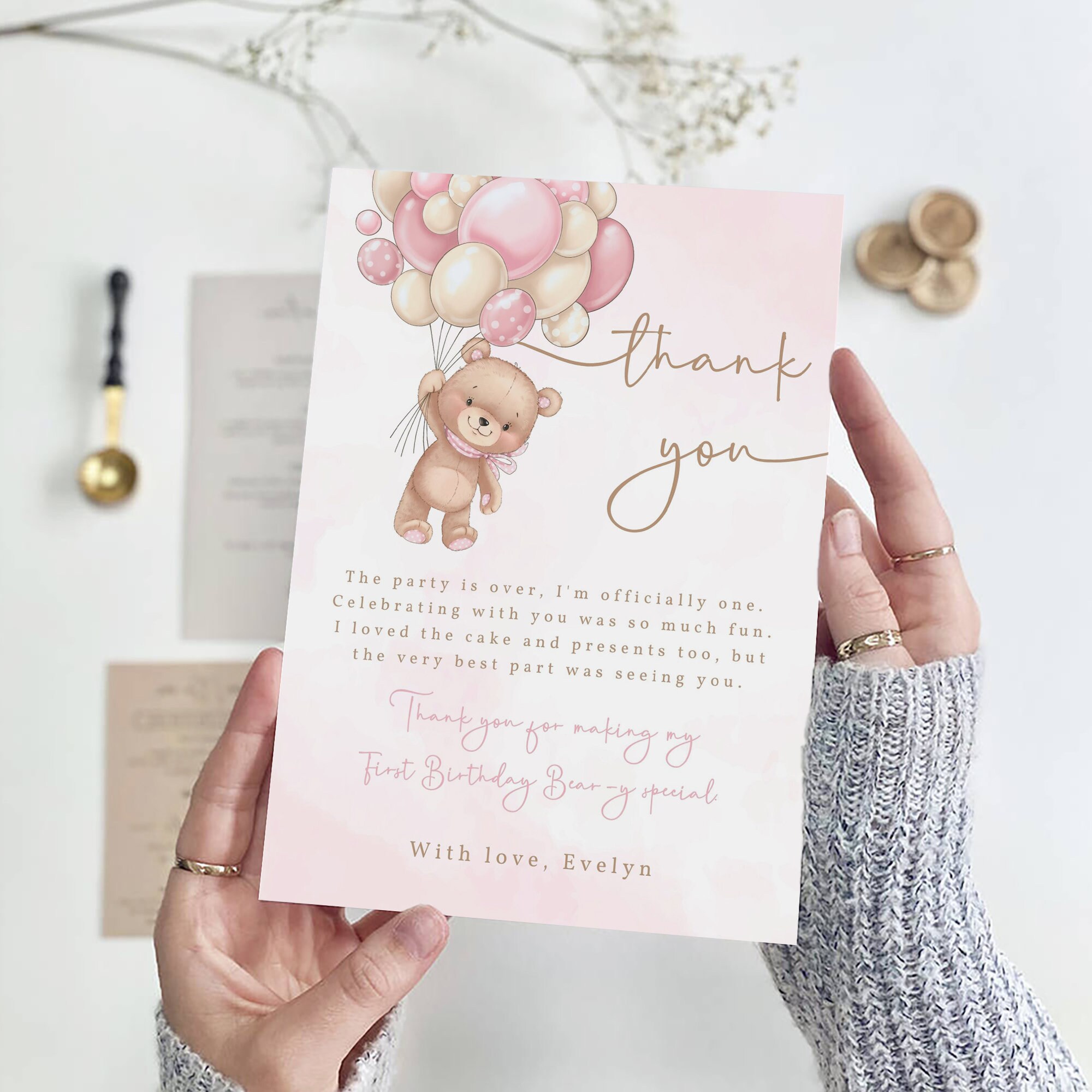 Teddy Bear Baby Shower Thank You Card, Pink Thank You Note, Editable ...