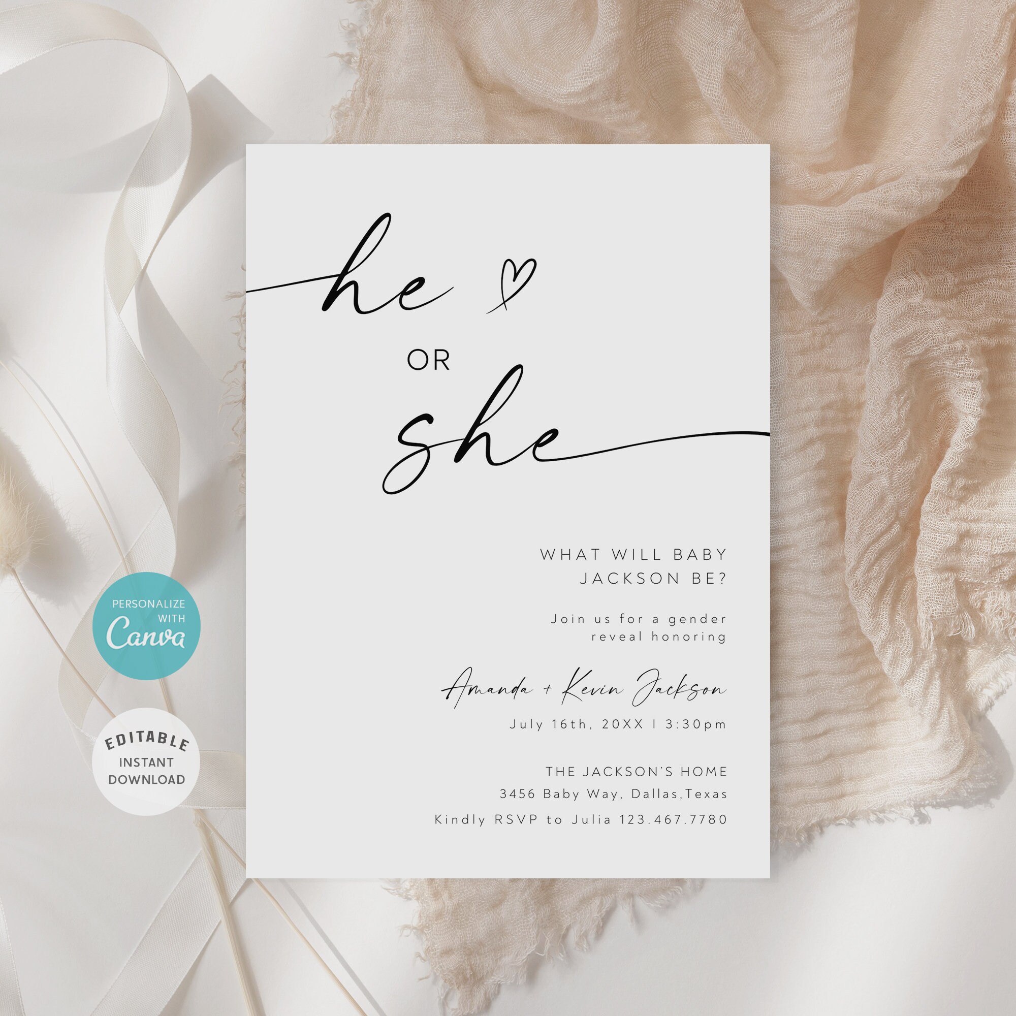 Gender Reveal Invitation, Gender Neutral Reveal Invite, He or She ...