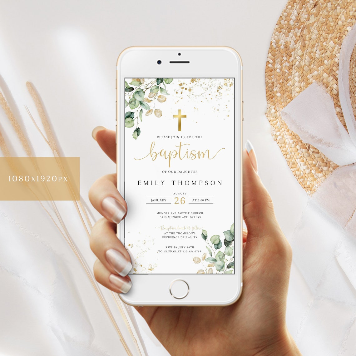 Greenery Gold Baptism Invitation Template, Editable Baptism Invite ...