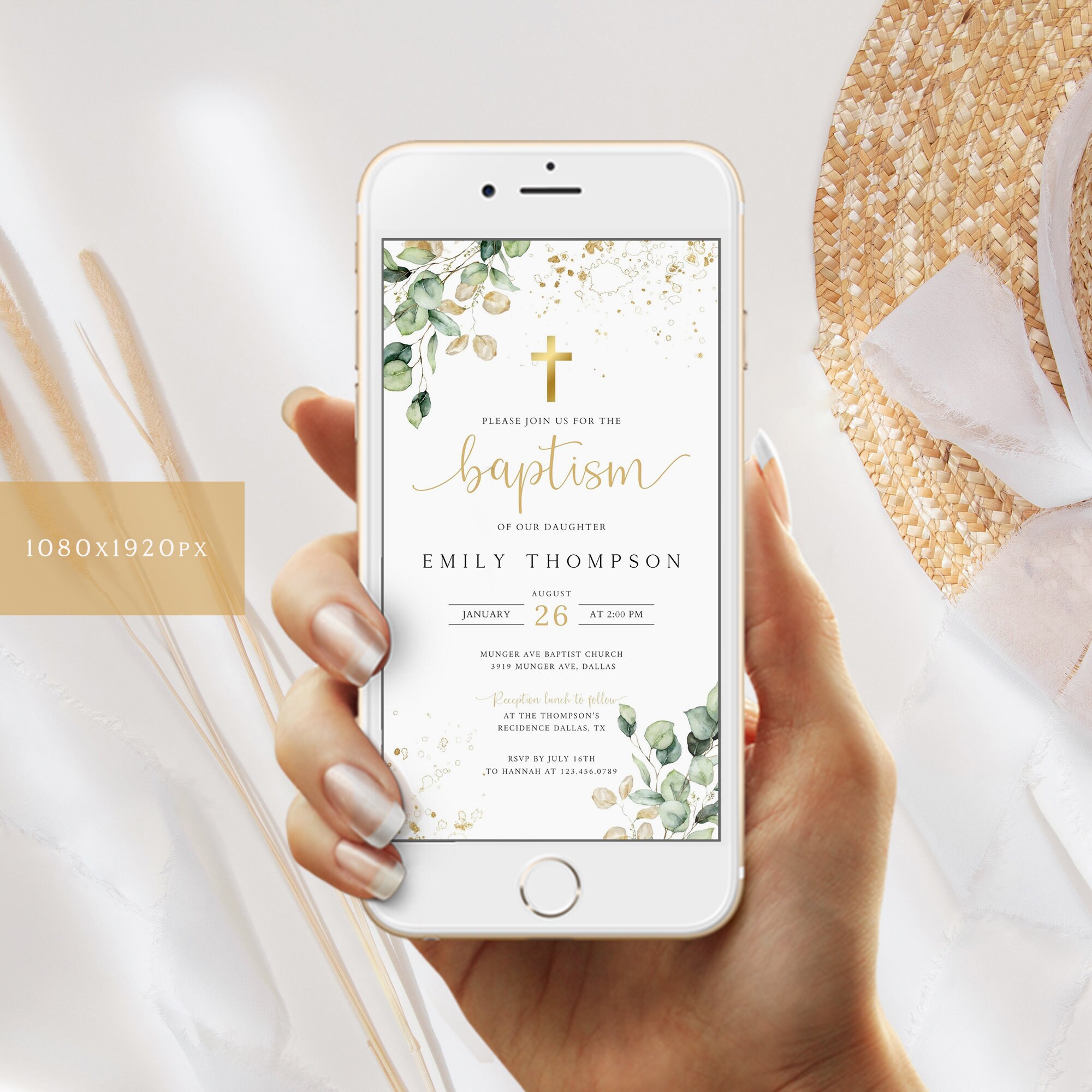 Greenery Gold Baptism Invitation Template, Editable Baptism Invite ...