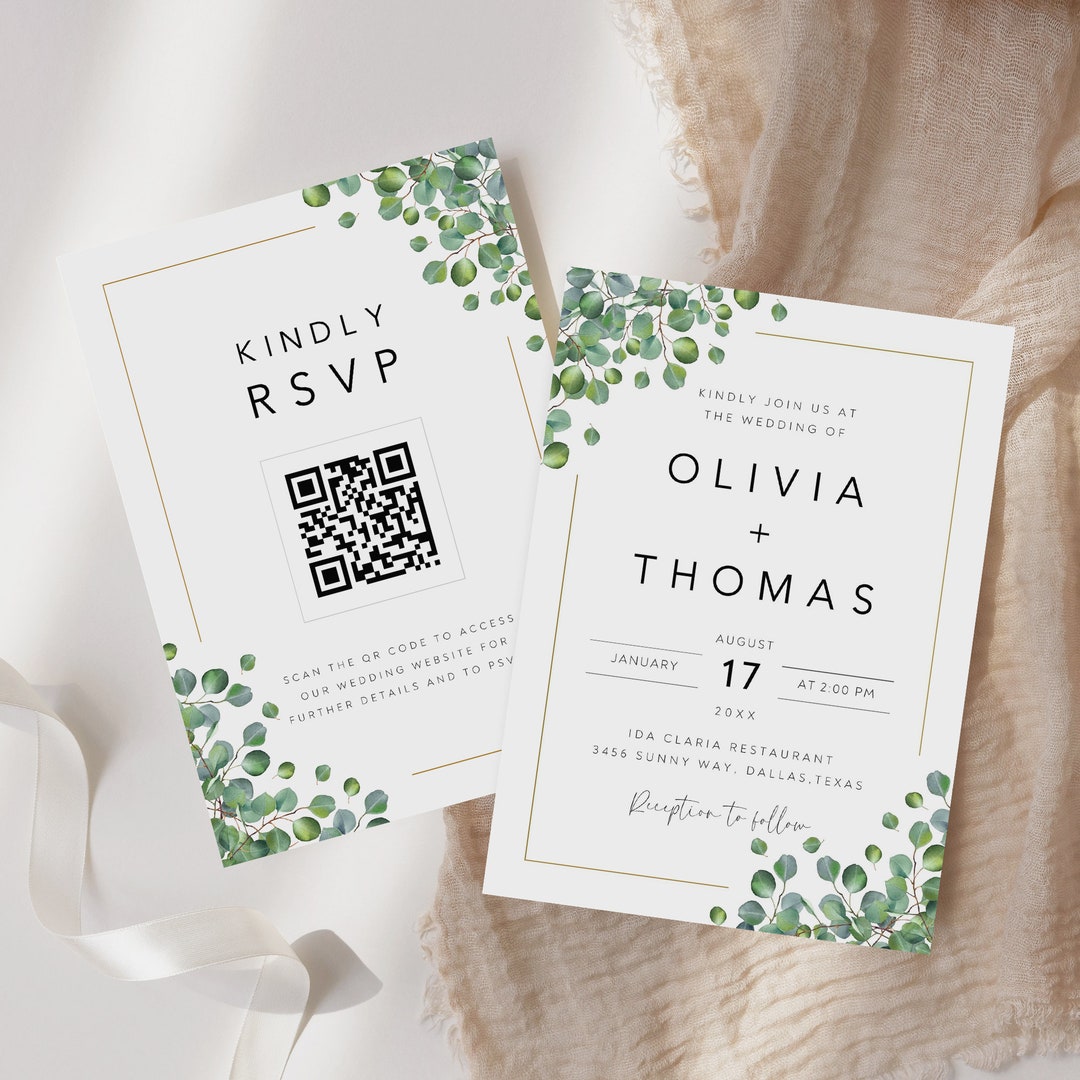 Qr Code Wedding Invitation, Greenery Wedding Invitation Template, Qr ...