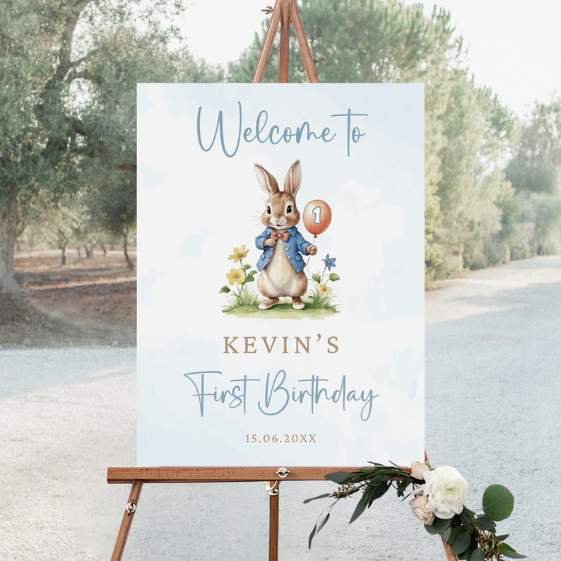 Peter Rabbit First Birthday Welcome Sign, Editable 1st Birthday Welcome ...