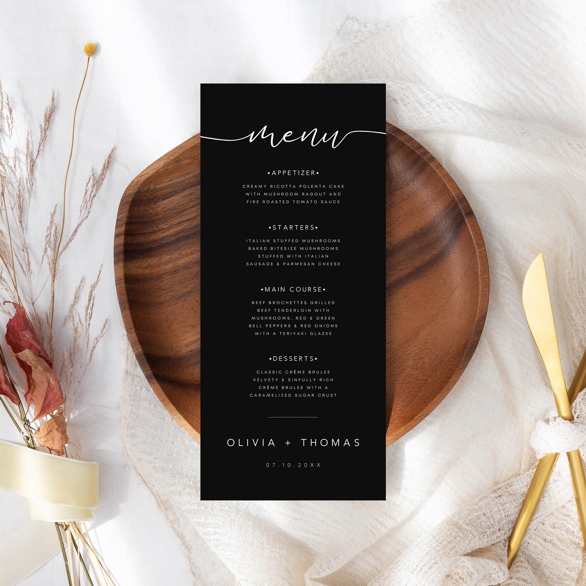 Black Wedding Menu Card Template, Minimalist Wedding Dinner Menu ...