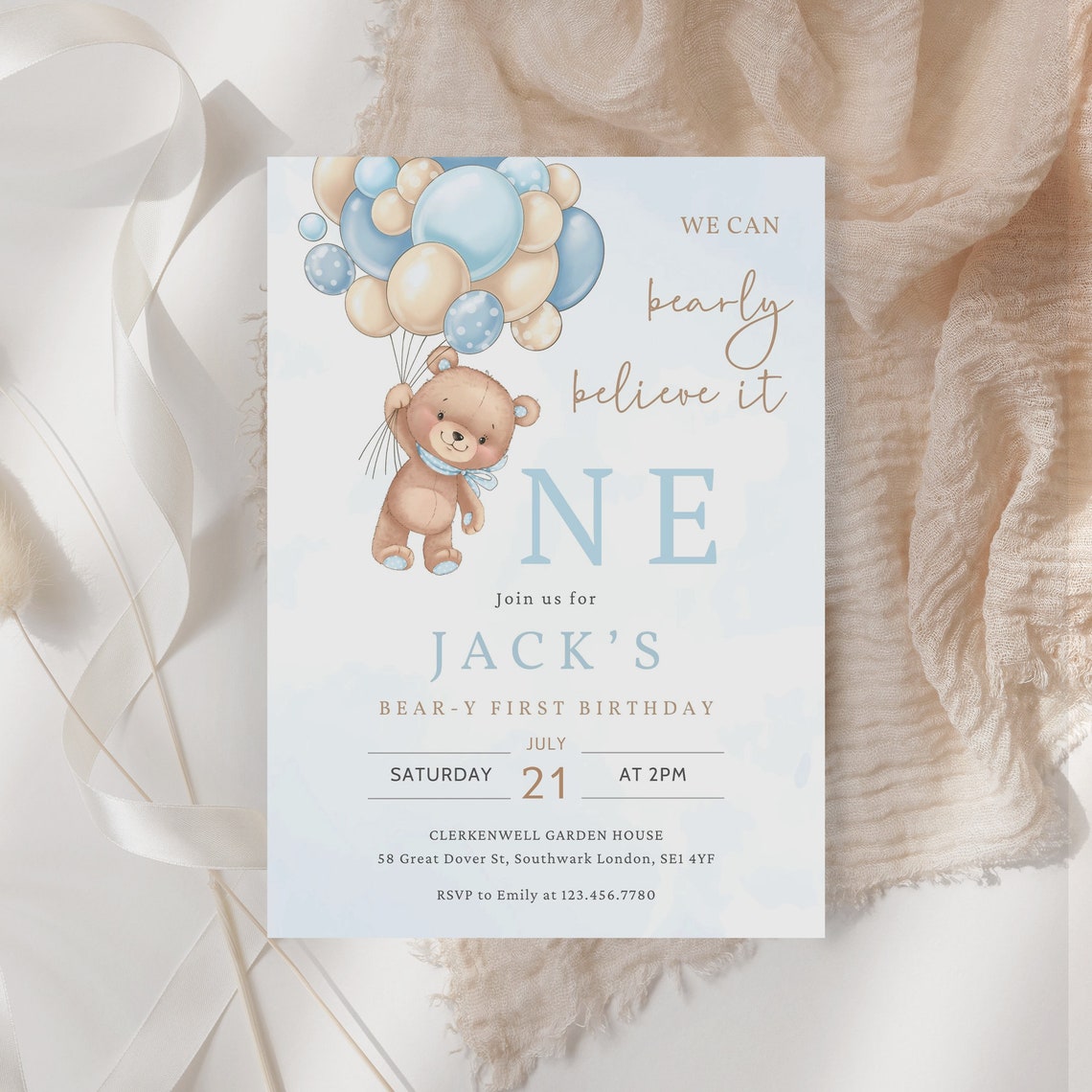 Editable Bear 1st Birthday Invitation, Bear-y First Birthday, Teddy ...