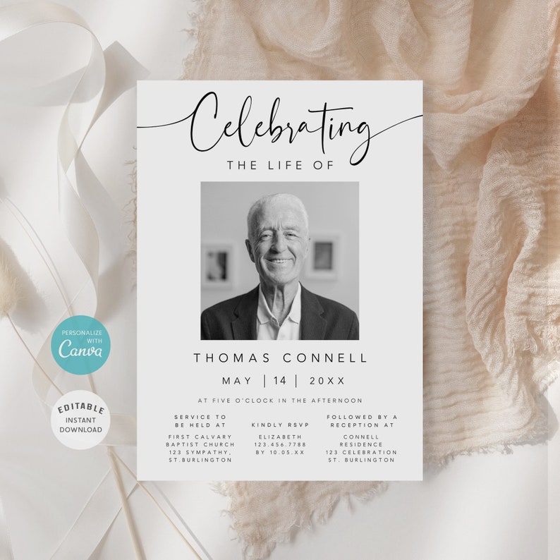 Funeral Photo Invitation, Memorial Service Invite, Funeral Announcement ...