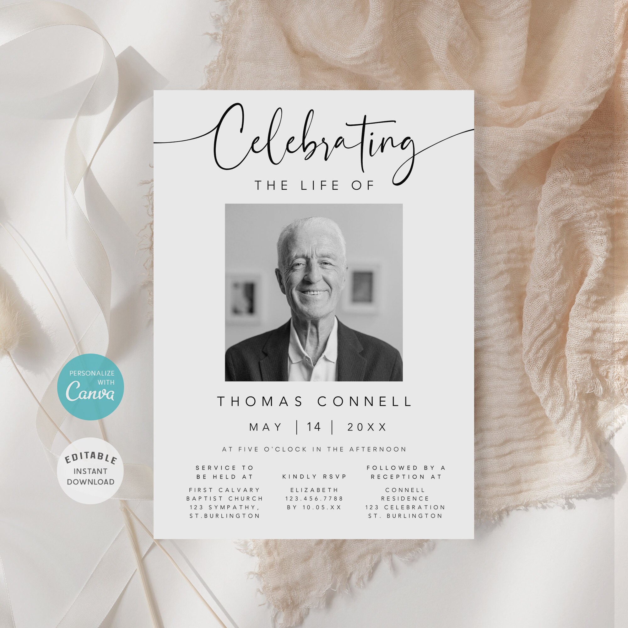 Funeral Photo Invitation, Memorial Service Invite, Funeral Announcement ...