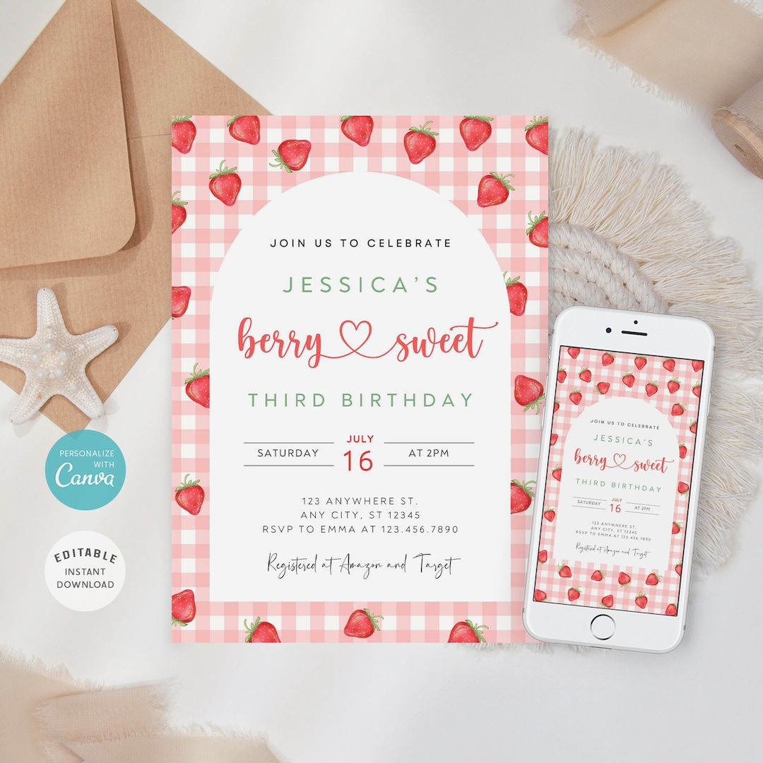 Strawberry Birthday Invitation Template, Berry Sweet Birthday Invite ...