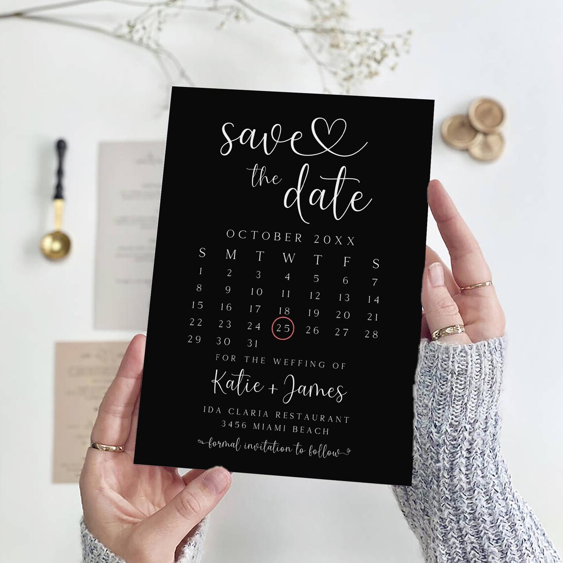 Modern Calendar Save the Date Template, Black Save the Date Digital ...
