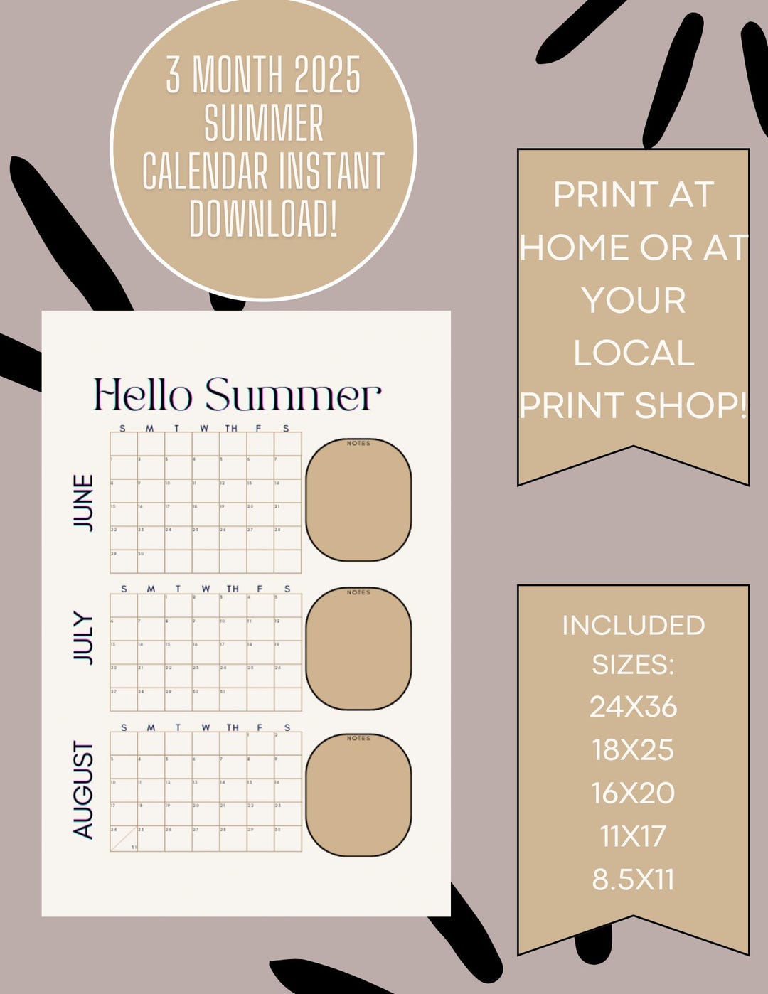 2025 3 Month Neutral Summer Wall Calendar, Digital Download - Etsy