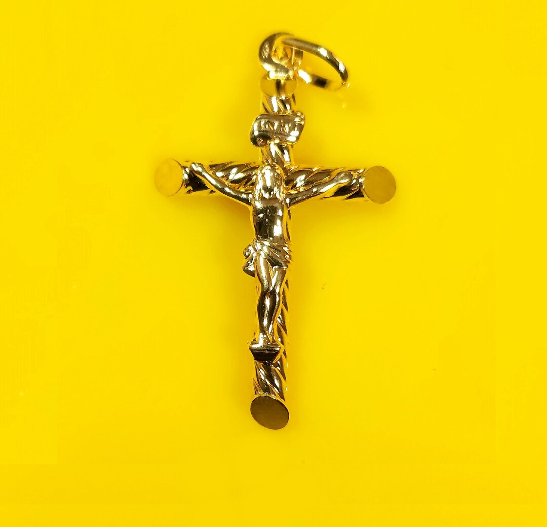 18K Yellow Gold Tubular Twist Cross Beveled Edge With Jesus - Etsy