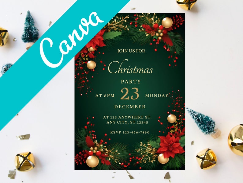 EDITABLE Elegant Christmas Party Invitation Red & Green Holiday Party ...