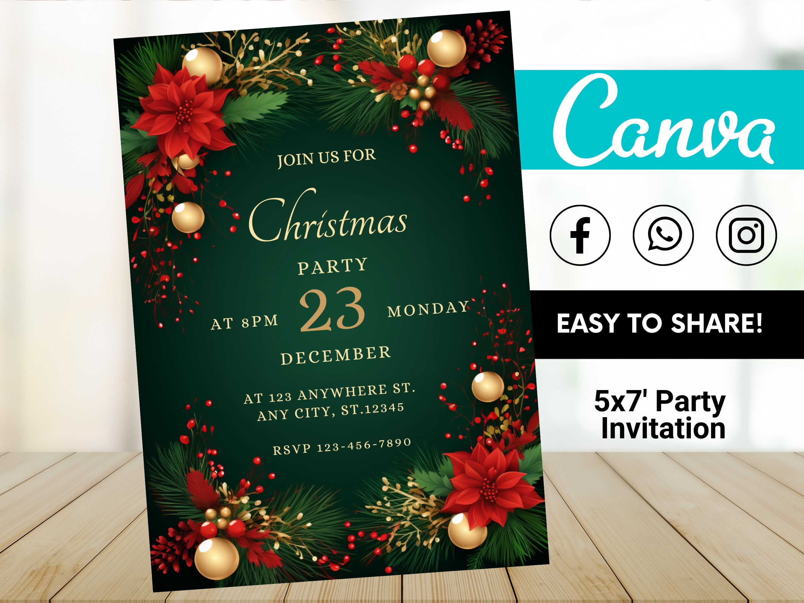 EDITABLE Elegant Christmas Party Invitation Red & Green Holiday Party ...