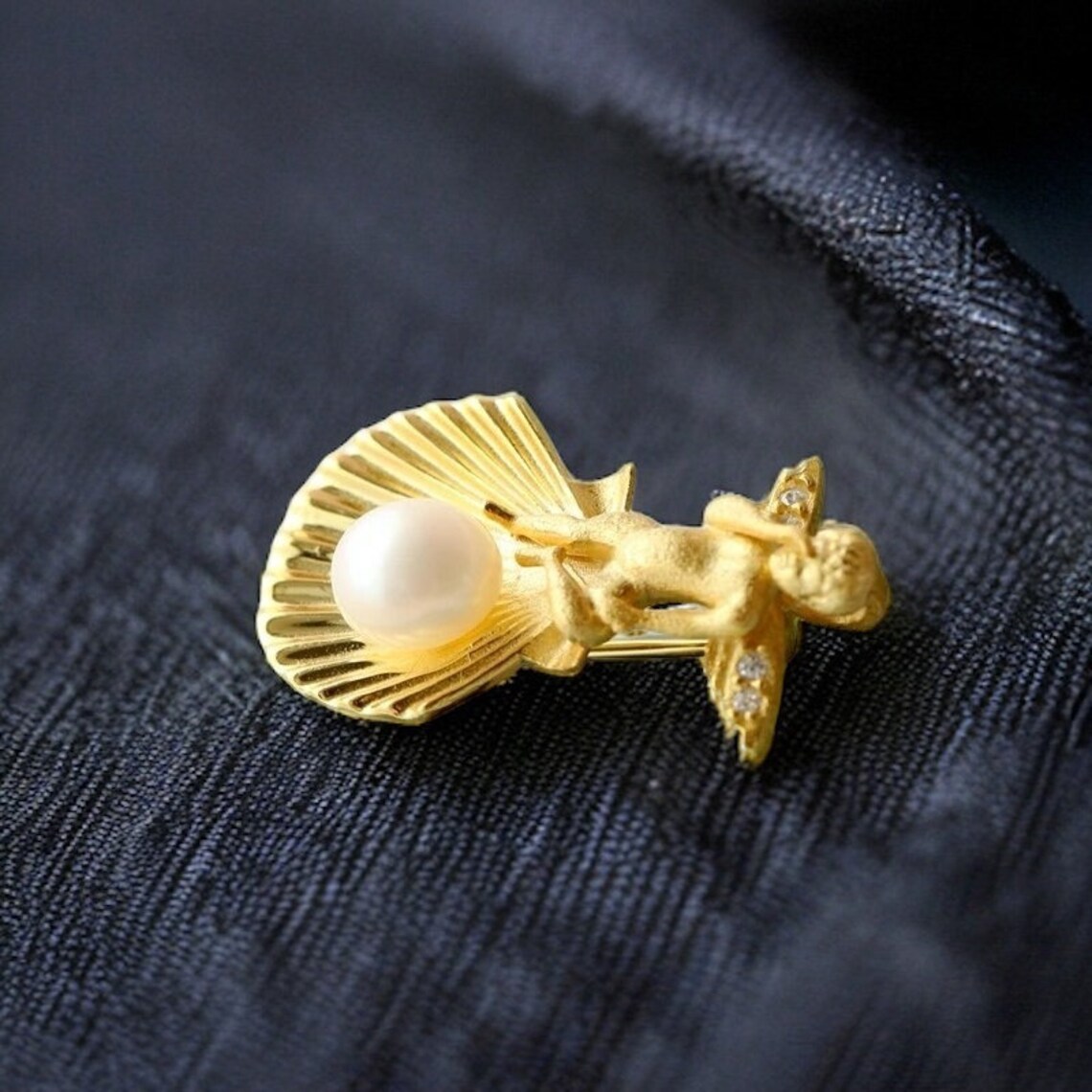 Sterling Silver Angel on Seashell Brooch With 18K Gold Plating and ...