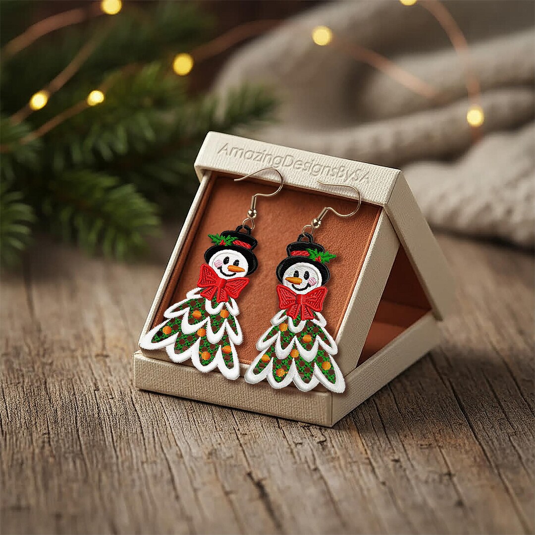 FSL Snowman Christmas Tree Earrings Machine Embroidery Design Download ...