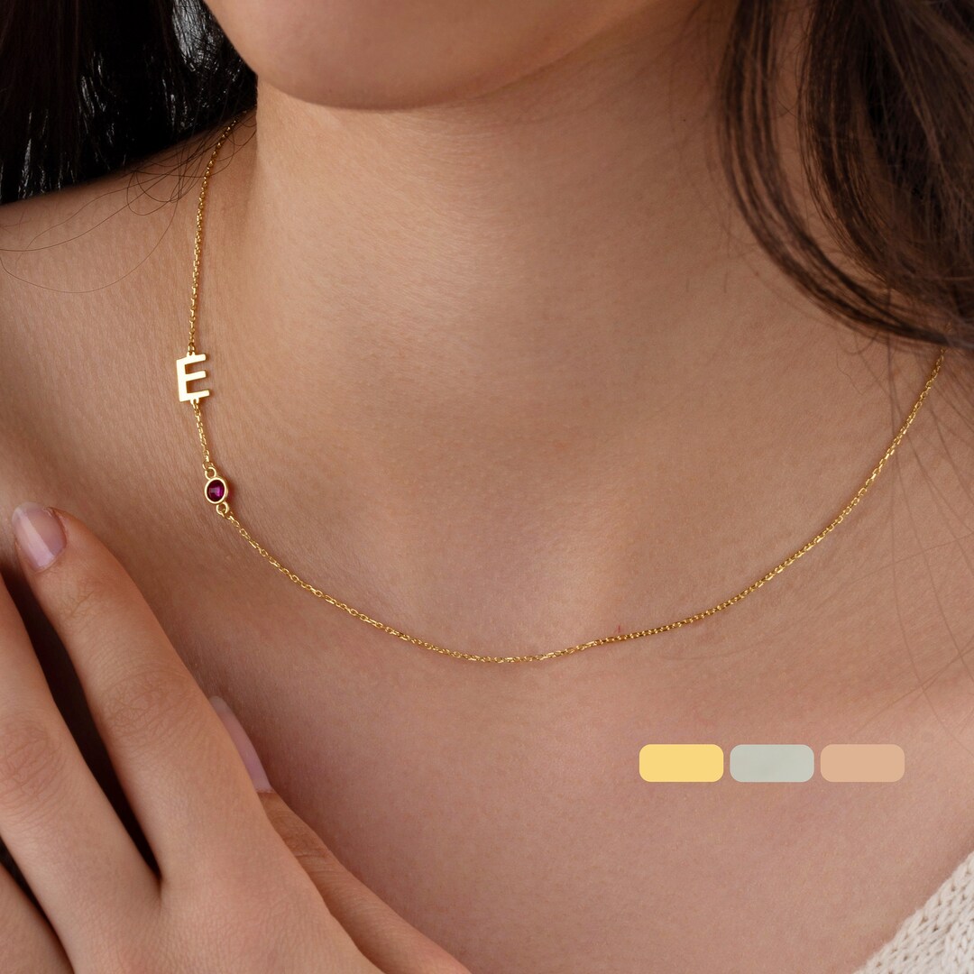 14K Gold Side Initial Necklace With Birthstone, Custom Initial Necklace ...
