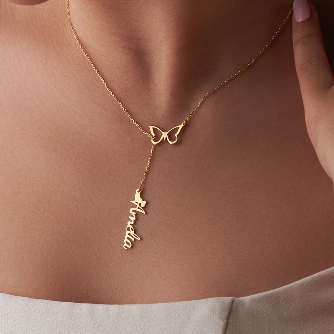 14K Gold Name Necklace With Butterfly, Personalized Vertical Name ...