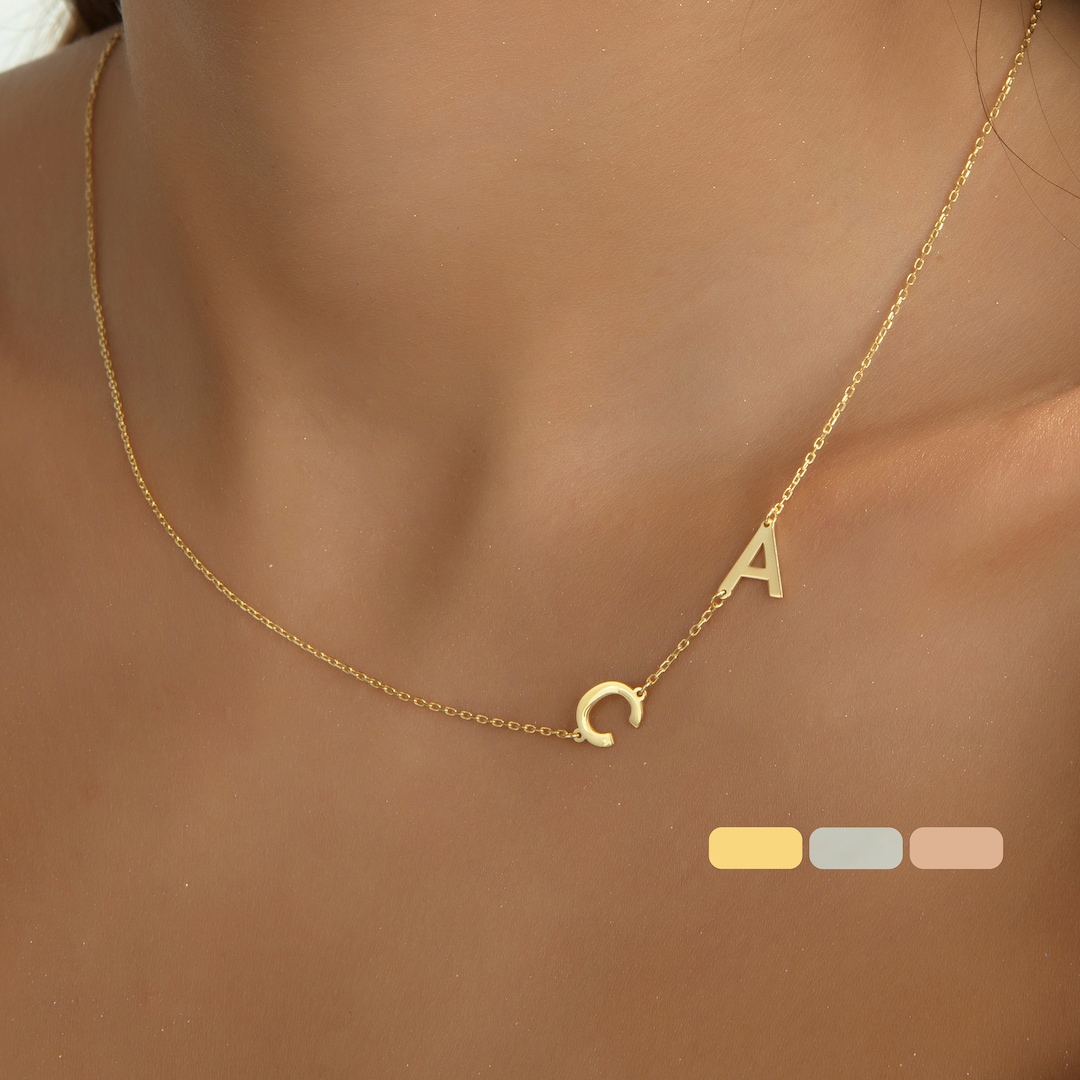 14K Solid Gold Side Initial Necklace Personalized Side - Etsy