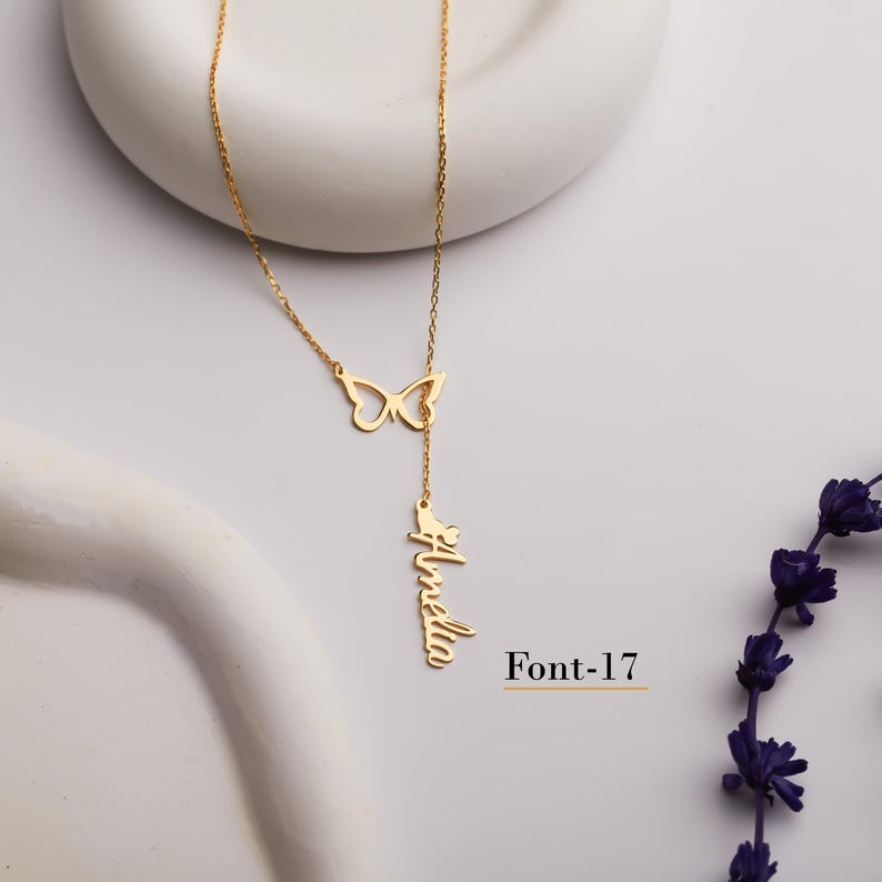 14K Gold Name Necklace With Butterfly, Personalized Vertical Name ...