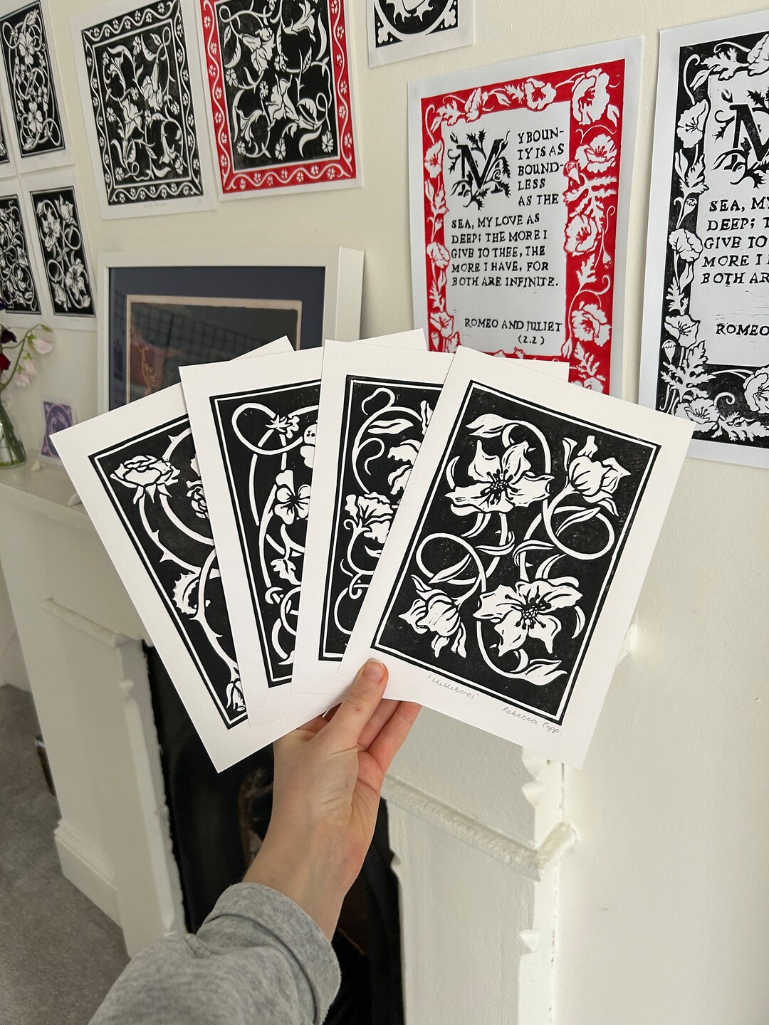 Set of 4 Original Botanical Lino Prints - Hellebores, Roses, Sweet Peas ...