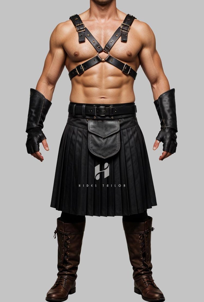 Handmade Real Leather Kilt- Black Leather Kilt Harness-custom Leather ...