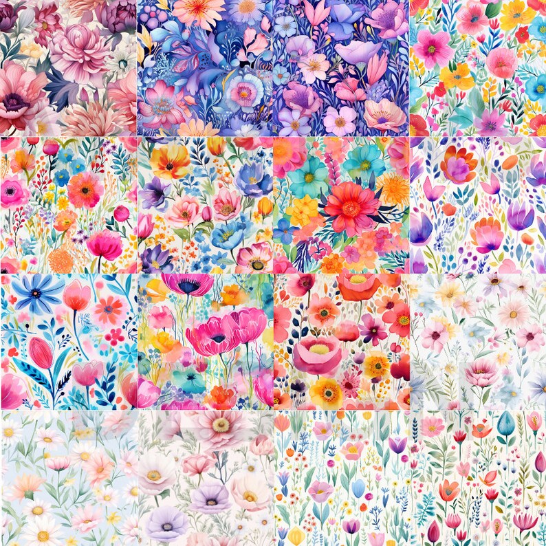 Whimsical Watercolor Blooms - 20 Seamless PNG, Floral Paper, Flowers ...