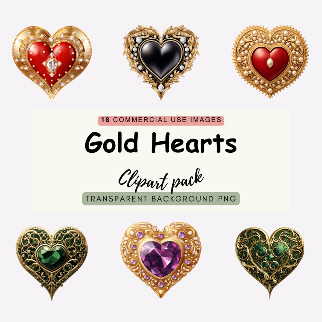 Gold Heart Image Pack, 18 High Quality PNG, Heart Clipart for Your ...