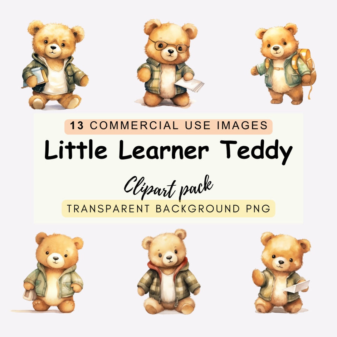 13 Little Learner Teddy Bear Images PNG Back to School Bear Watercolor ...